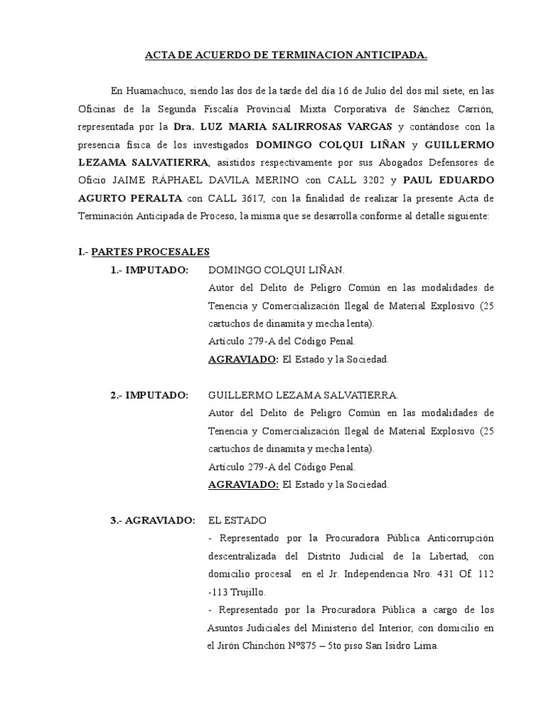 Acta de Acuerdo de Terminacion Anticipada | Castigos | Fiscal Acta de Acuerdo de Terminacion Anticipada | Castigos | Fiscal