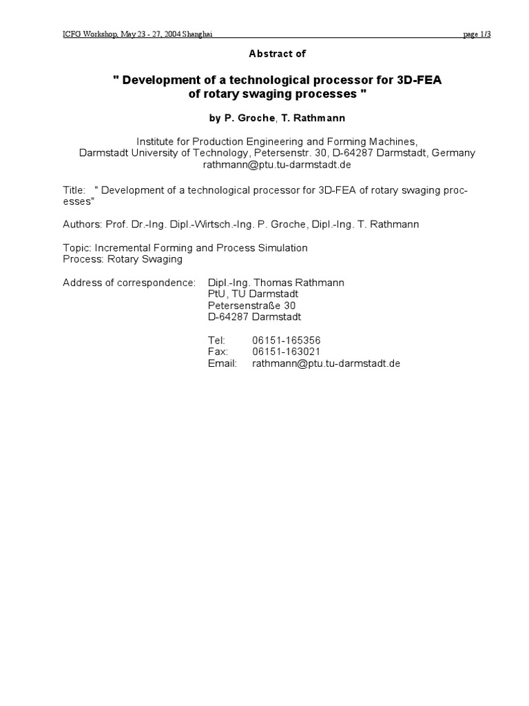 Dvelopment of A Technological Process For 3D-FEA of Rotary Swaging ...