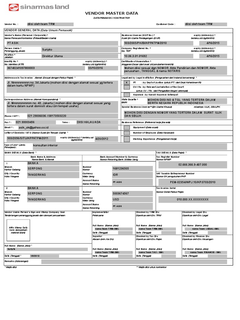 (Contoh Pengisian) Vendor Master Data | PDF | Bisnis | Pengelolaan ...