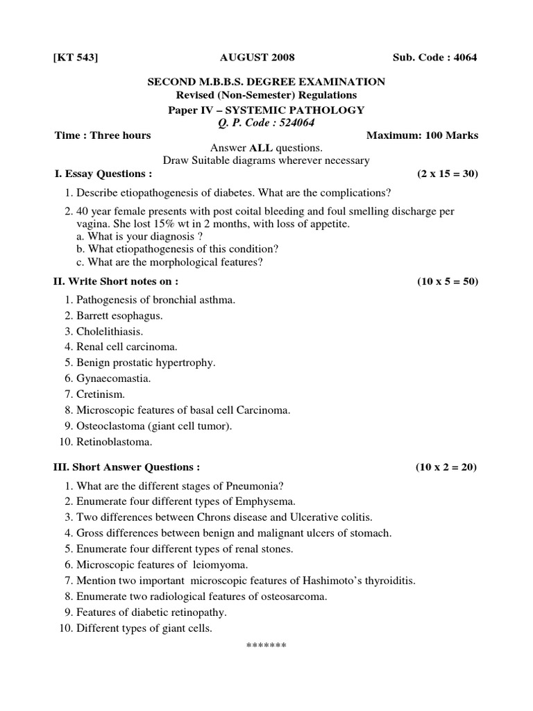 Systemic Pathology Review: Sample Questions from KU 543 Second M.B.B.S ...