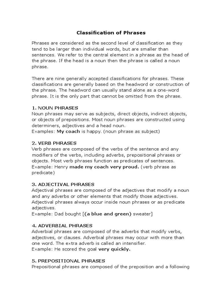 Classification of Phrases | PDF | Adjective | Verb