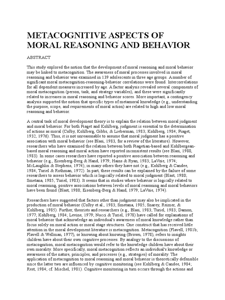 Metacognitive Aspects of Moral Reasoning and Behavior | PDF ...