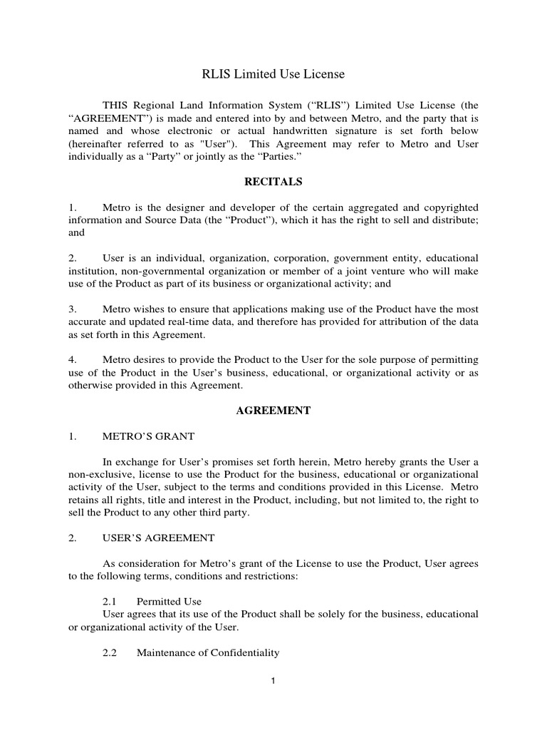 RLIS Limited Use License: Recitals | PDF | Indemnity | License