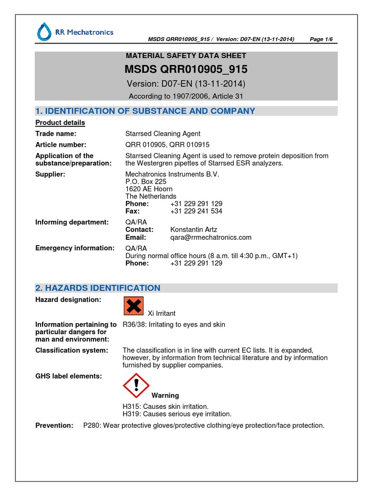 Starrsed Cleaning Agent MSDS | PDF | Water | Physical Sciences