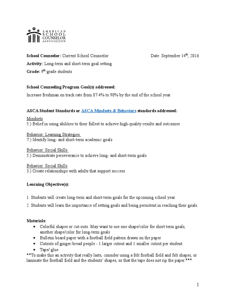 Asca Lesson Plan School Counselor Goal Setting