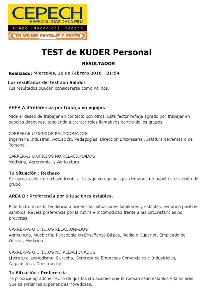 Ejemplo Test de Kuder | PDF | Sicología | Ciencia cognitiva