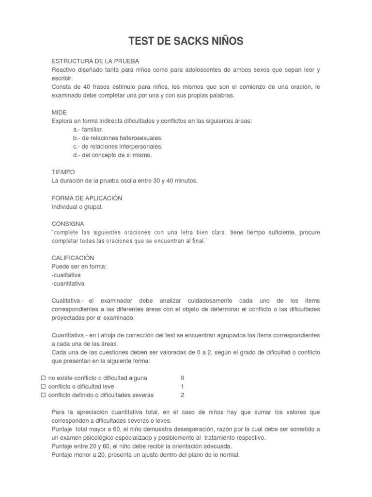 Test de Sacks para Niños: Protocolo y Calificación | PDF
