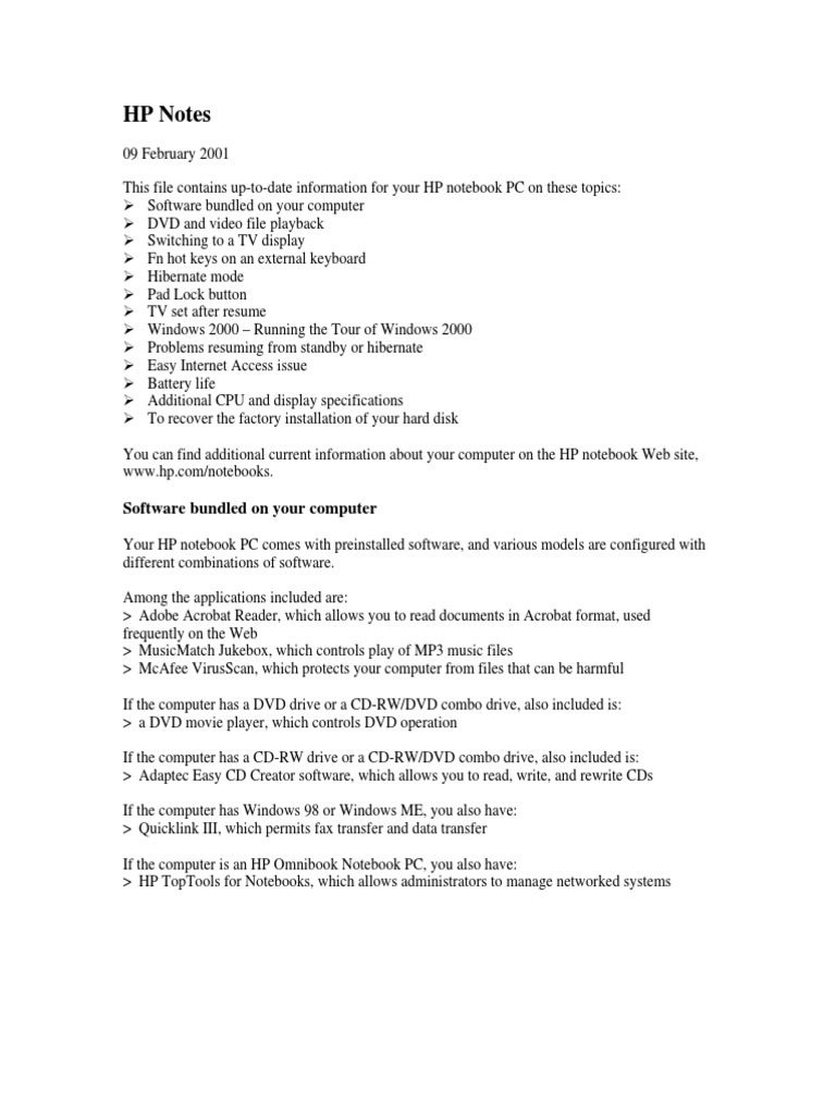 HP Notes: Software Bundled On Your Computer | PDF | Keyboard Shortcut ...