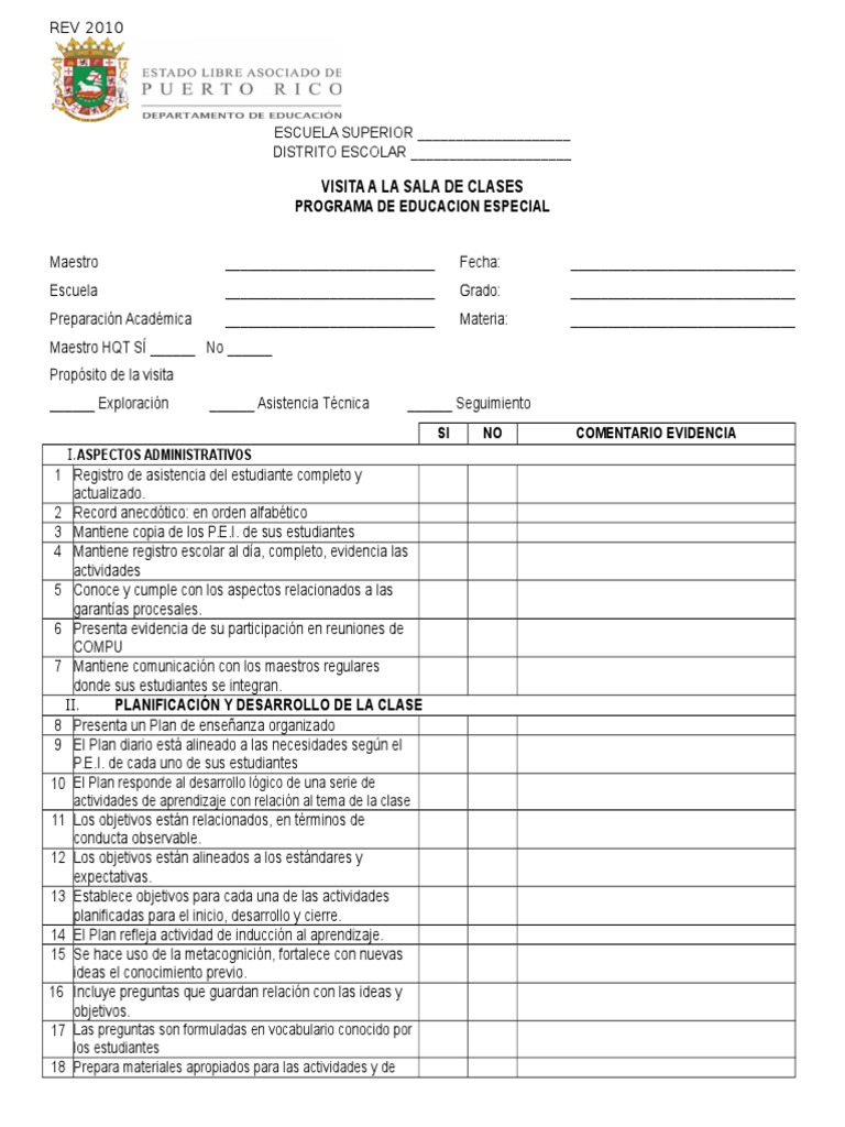 Formulario Visita A La Sala de Clases Programa Educacion Especial | PDF ...