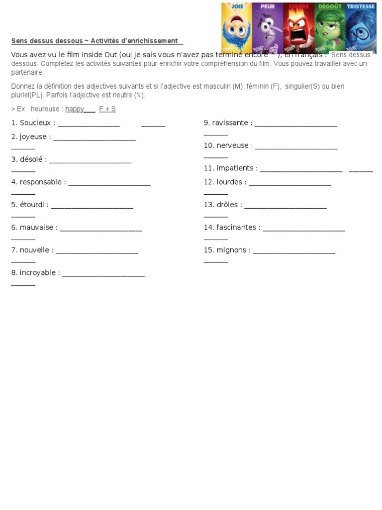 Inside Out Adjectives Activity Movie Fiche Sens Dessus Dessous | PDF