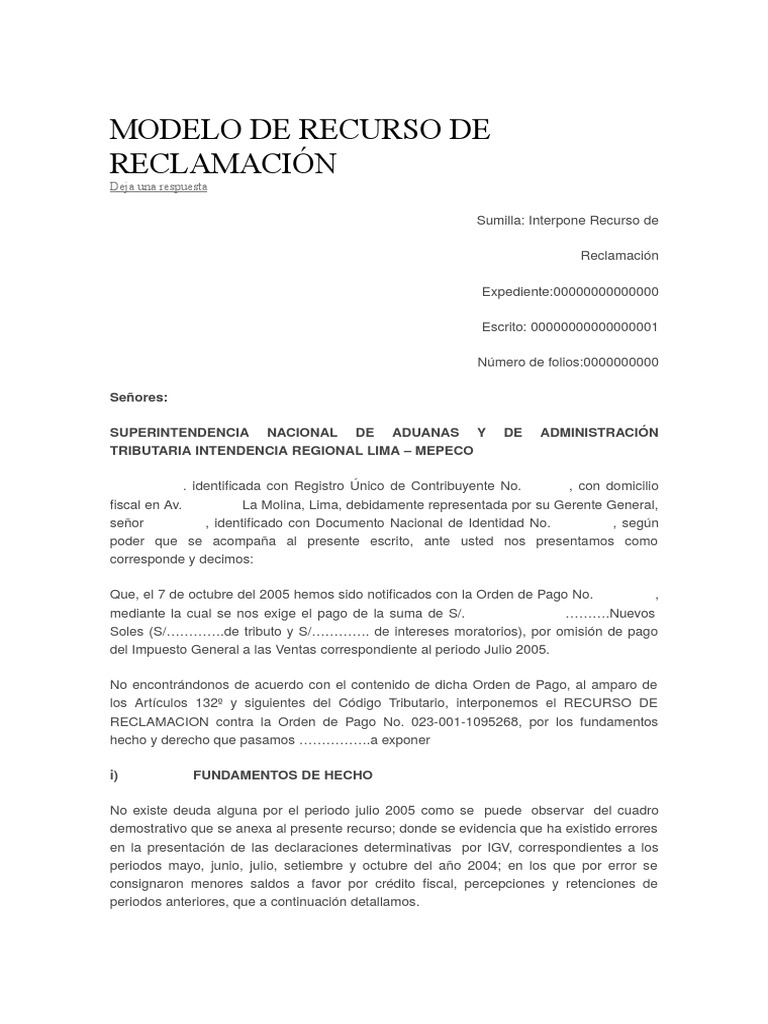 Modelo de Recurso de Reclamación | PDF | Derecho