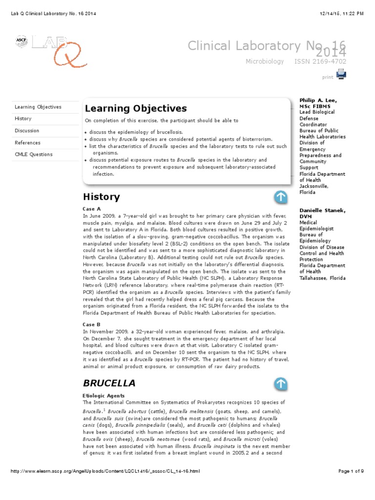 Clinical Laboratory No. 16 2014: Learning Objectives