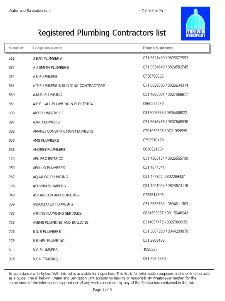 20111017contractorslist Best | Plumbing | Public Health
