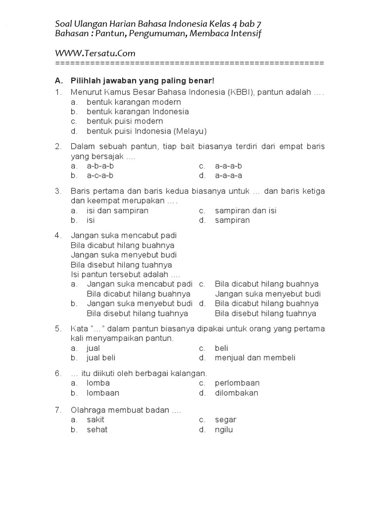Soal Uh Bindo Kelas 4 Bab 7 | PDF