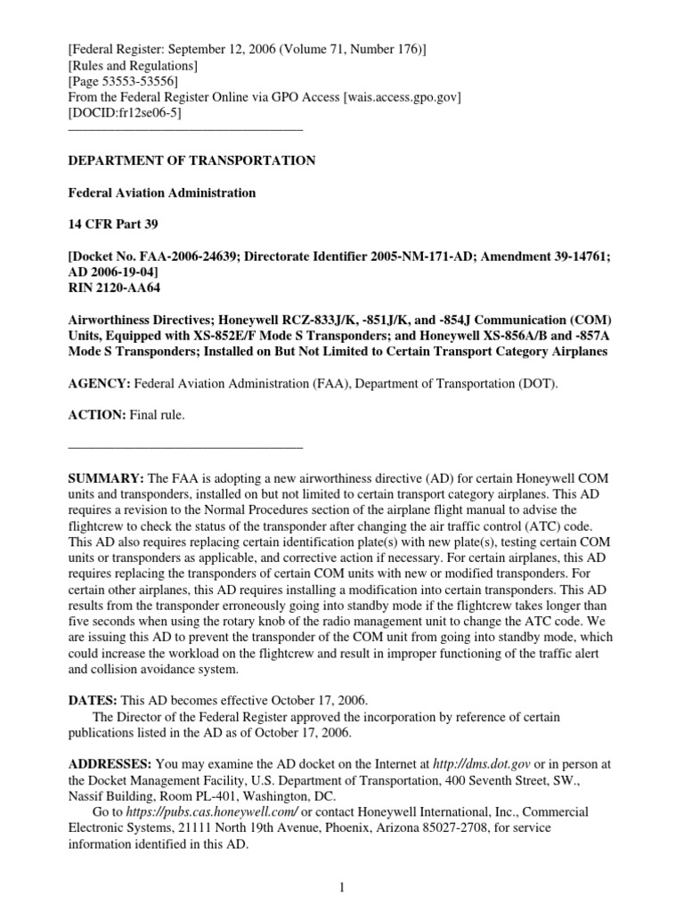 14 CFR Part 39 | Transponder (Aeronautics) | Federal Aviation ...