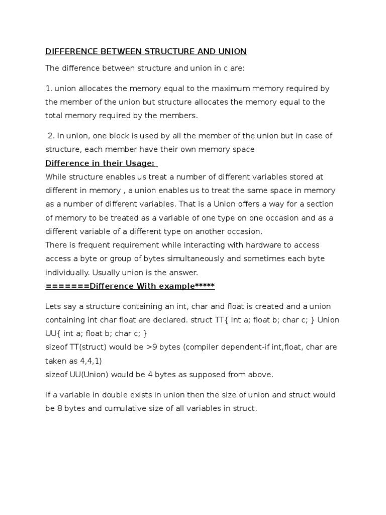 Difference Between Structure and Union | PDF | Programming Paradigms ...