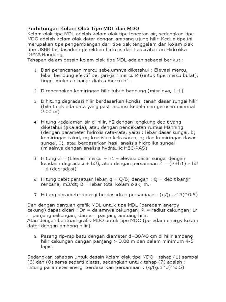 Perhitungan Kolam Olak Tipe MDL Dan MDO | PDF