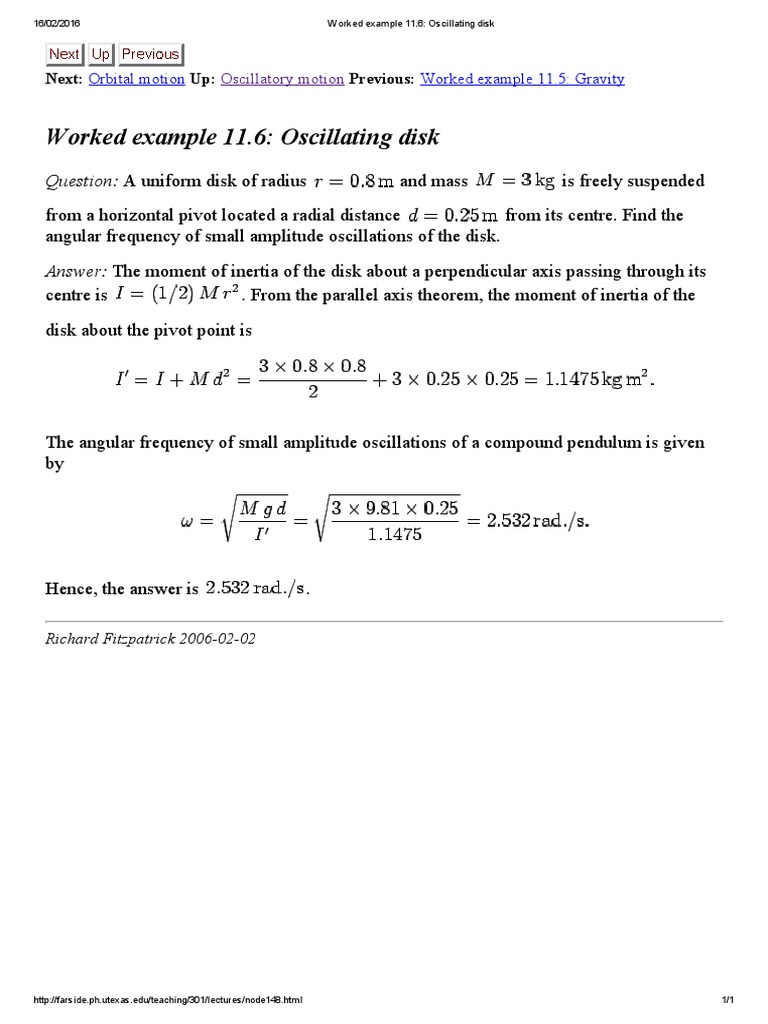 Worked Example 11.6: Oscillating Disk: Question: A Uniform Disk of ...