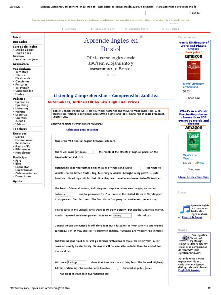 English Listening Comprehension Exercises - Ejercicios de Comprensión ...