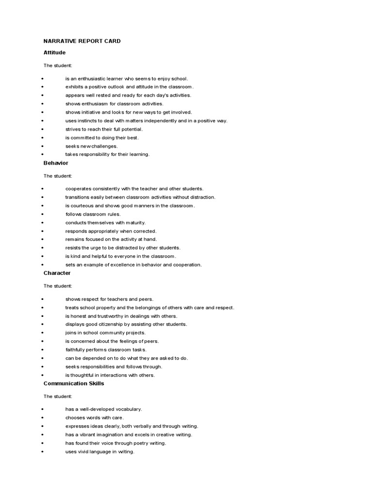 Narrative Report Card | PDF | Homework | Conversation