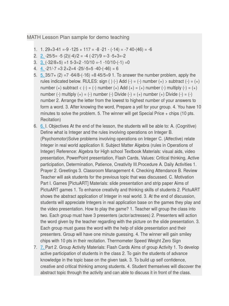Integer Operations Lesson Plan | PDF | Subtraction | Integer