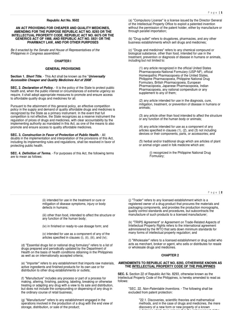 RA 9502 of The Philippines | PDF | Patent | Pharmaceutical Drug