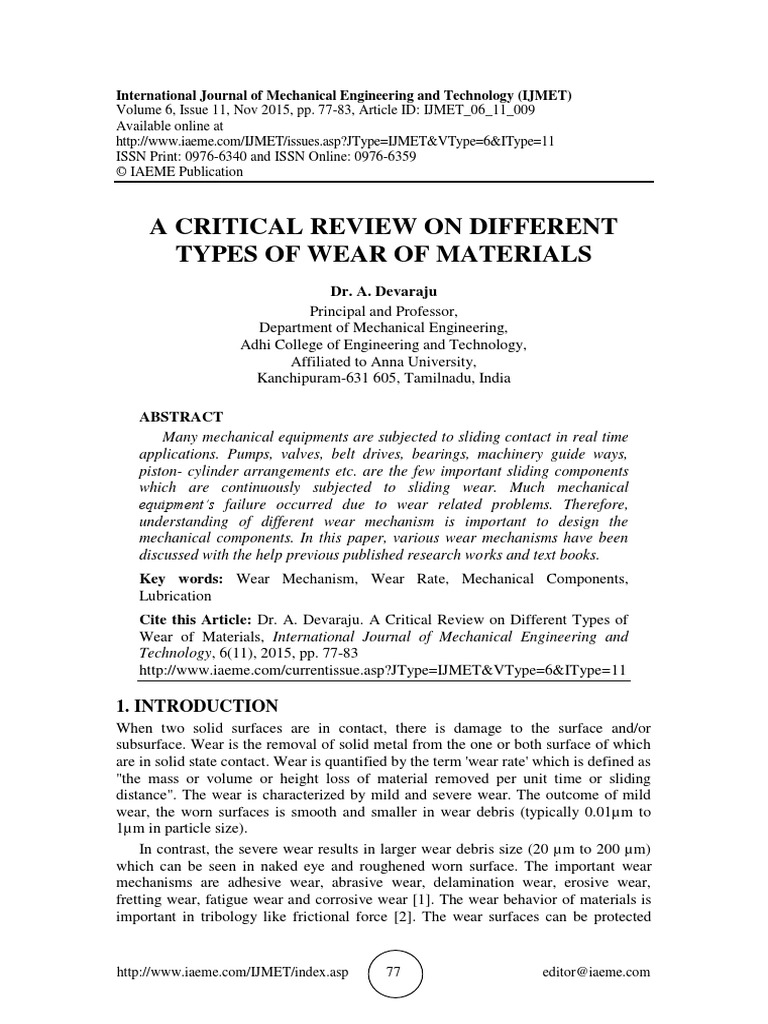 A Critical Review On Different Types of Wear of Materials | PDF | Wear ...