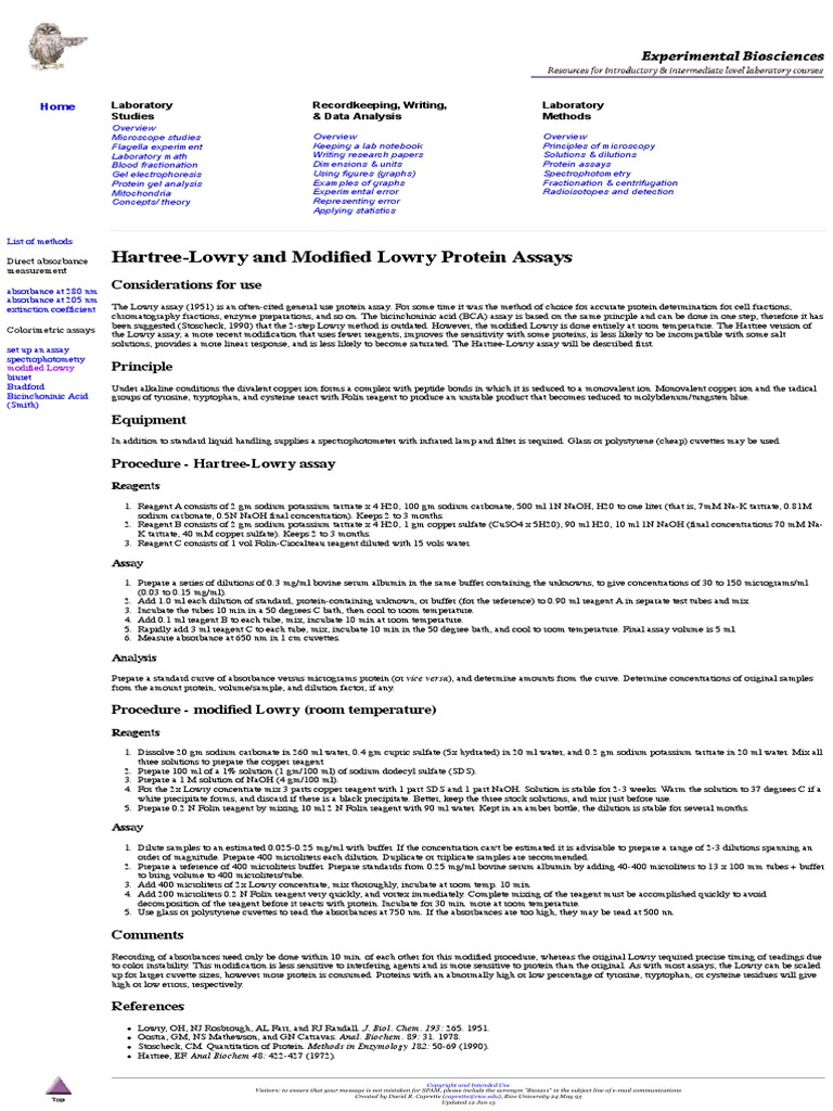 Protein Determination by The Lowry Method | PDF | Sodium Hydroxide | Assay