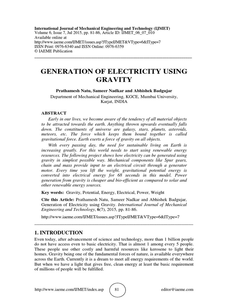 Generation of Electricity Using Gravity | PDF | Gravity | Mass