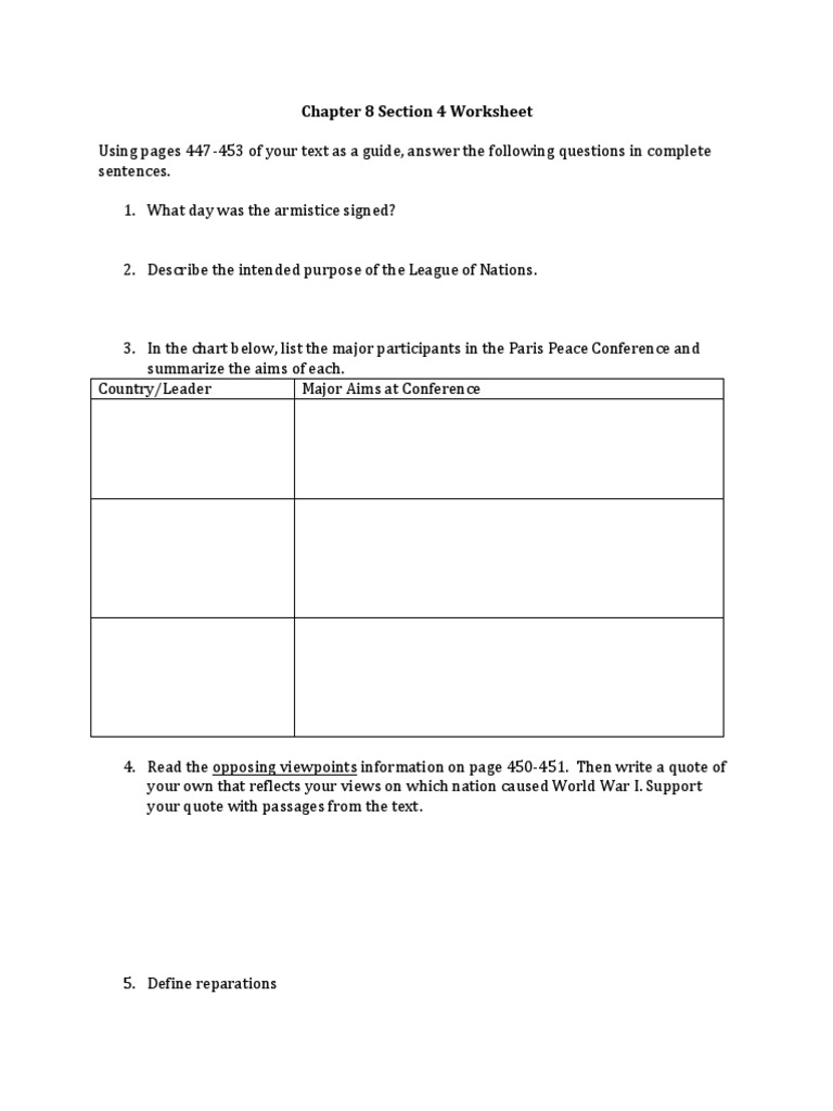 Treaty of Versailles Worksheet | PDF | German Empire | World War I ...