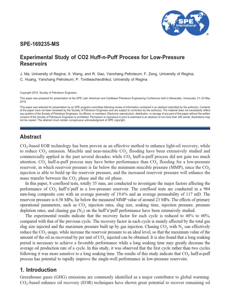 Experimental Study of CO2 Huff-N-Puff Process For Low-Pressure ...