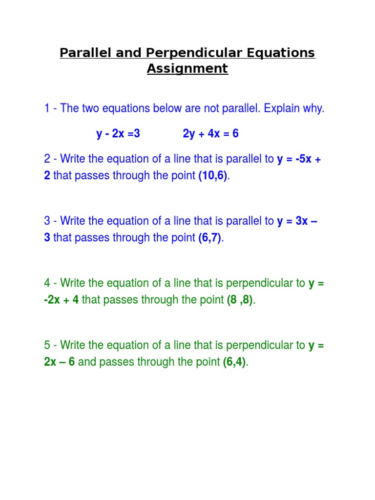 Parallel and Perpendicular Equations Assignment | PDF