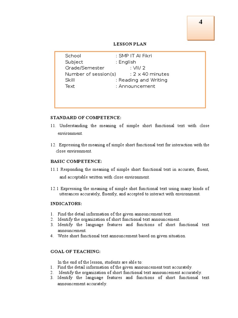 English Lesson Plan on Reading and Writing Announcements | PDF ...