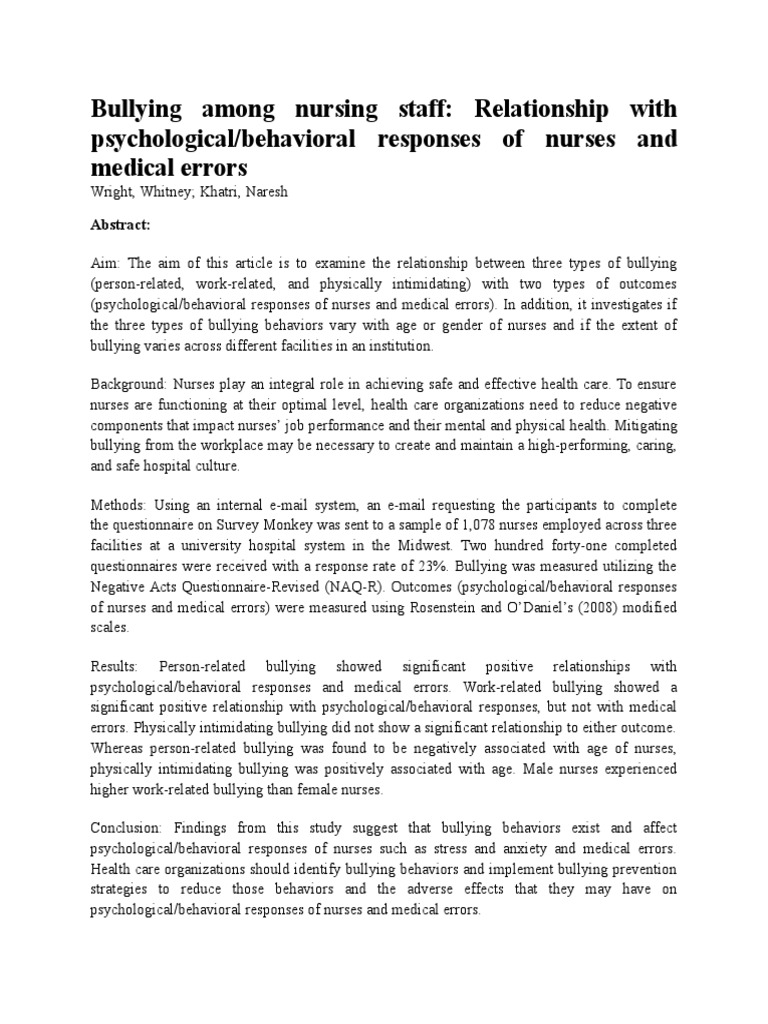 Bullying Among Nursing Staff 01 | Workplace Bullying | Survey Methodology