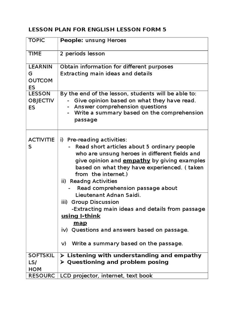 Lesson Plan For English Lesson Plan Form 5 | PDF | Career & Growth