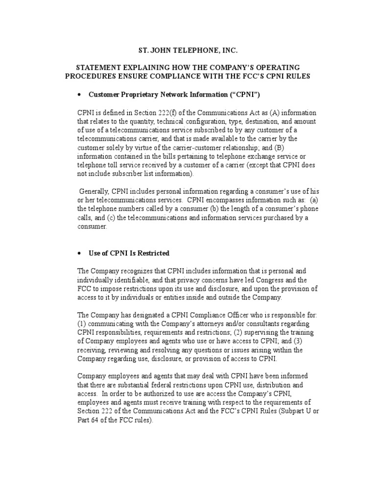 CPNI Operating9 | PDF | Communications Act Of 1934 | Federal ...