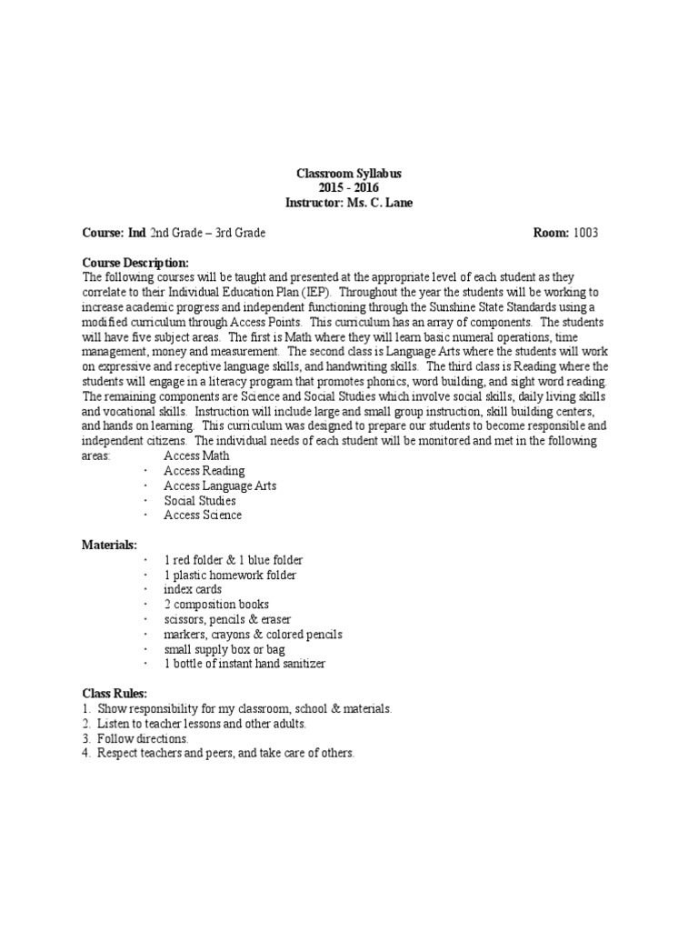 2nd-3rd Grade Classroom Syllabus 2015-2016 | PDF | Curriculum | Classroom