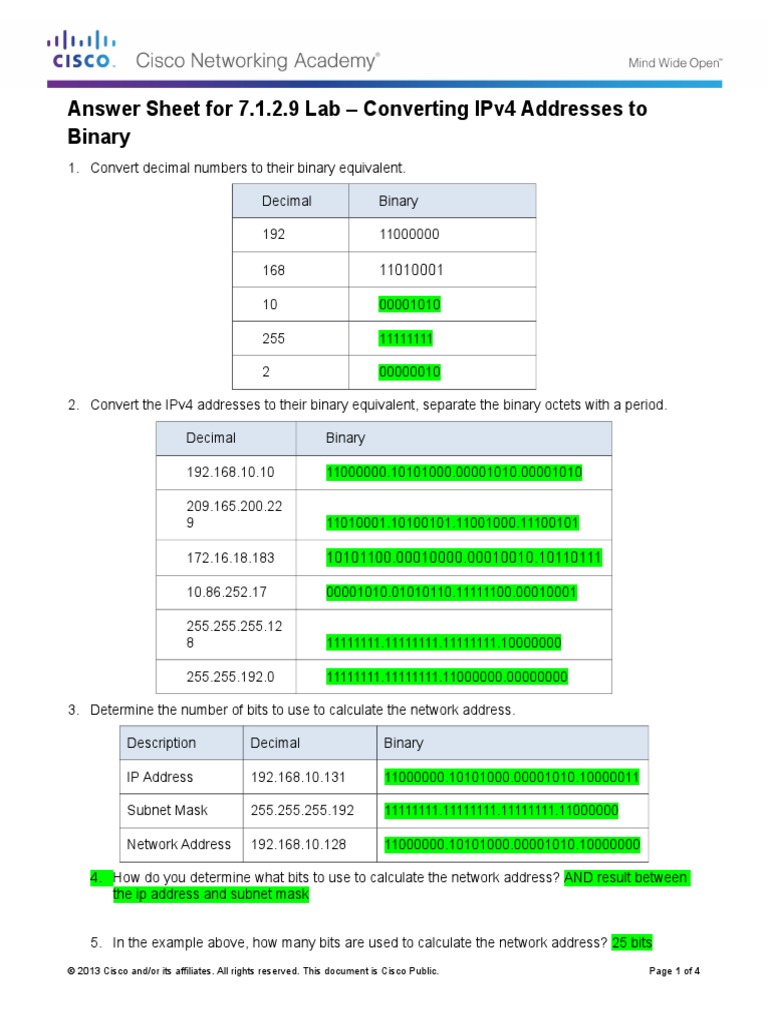 Answer Sheet For 7 1 2 9 Lab Converting Ipv4 Addresses To Binary