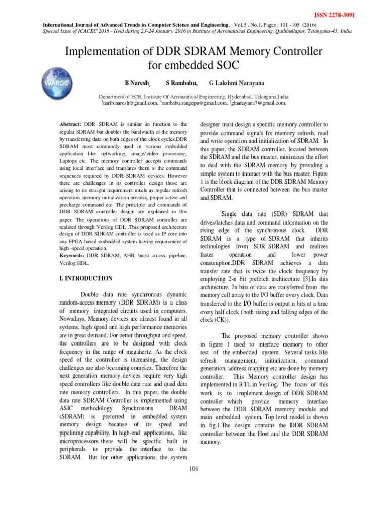 Implementation of DDR SDRAM Memory Controller For Embedded SOC | PDF | Digital Technology ...