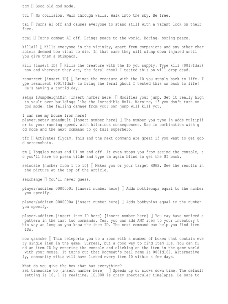 Fallout Console Commands Guide | PDF | Gaming | Video Games