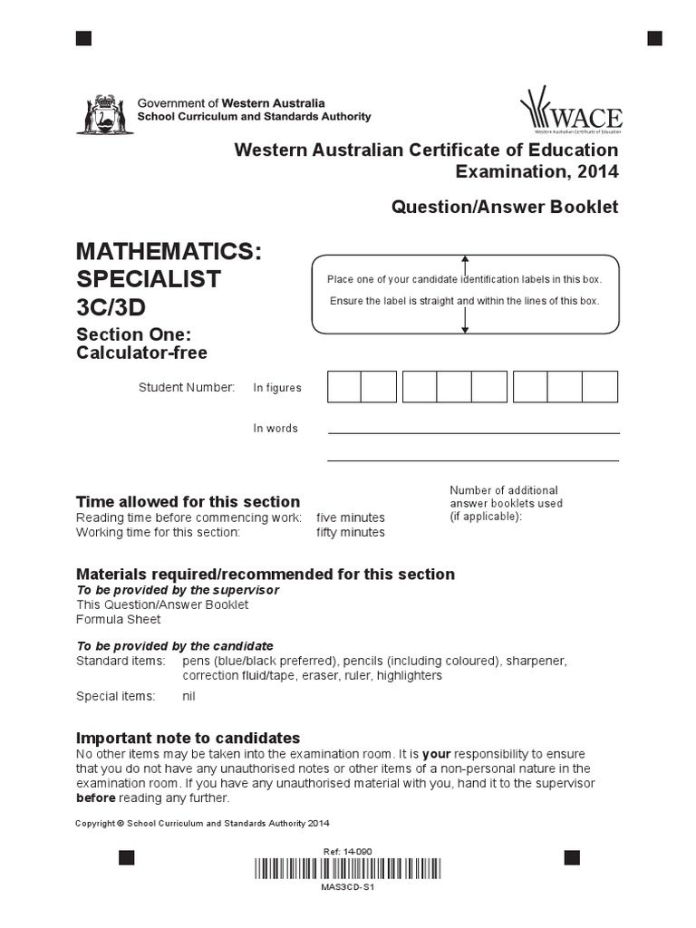 Mathematics Specialist Stage 3C 3D Calc Free 2014 | PDF | Equations ...