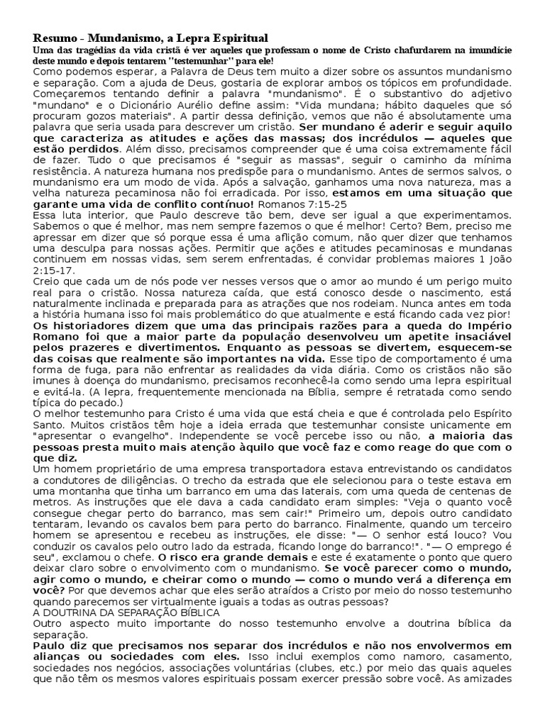 Resumo Mundanismo, A Lepra Espiritual - Pr. Ron Riffe | PDF | Bíblia | Vida