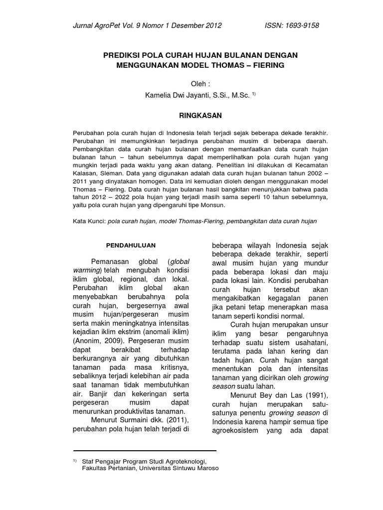 Prediksi Pola Curah Hujan Bulanan Dengan Menggunakan Model Thomas ...