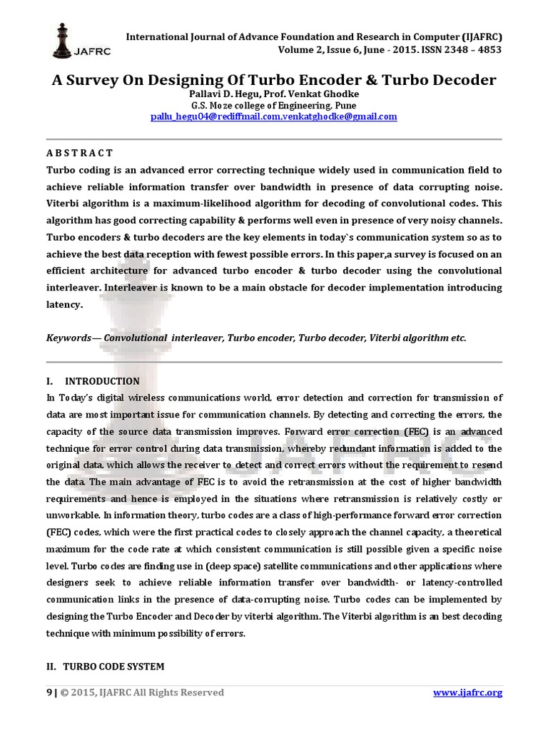 A Survey On Designing of Turbo Encoder & Turbo Decoder | PDF | Forward Error Correction | Error ...