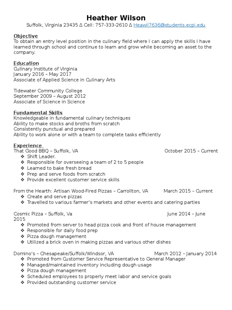 Entry-Level Culinary Resume for Heather Wilson | PDF