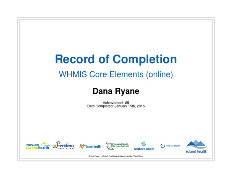 Record of Completion Whmis | PDF