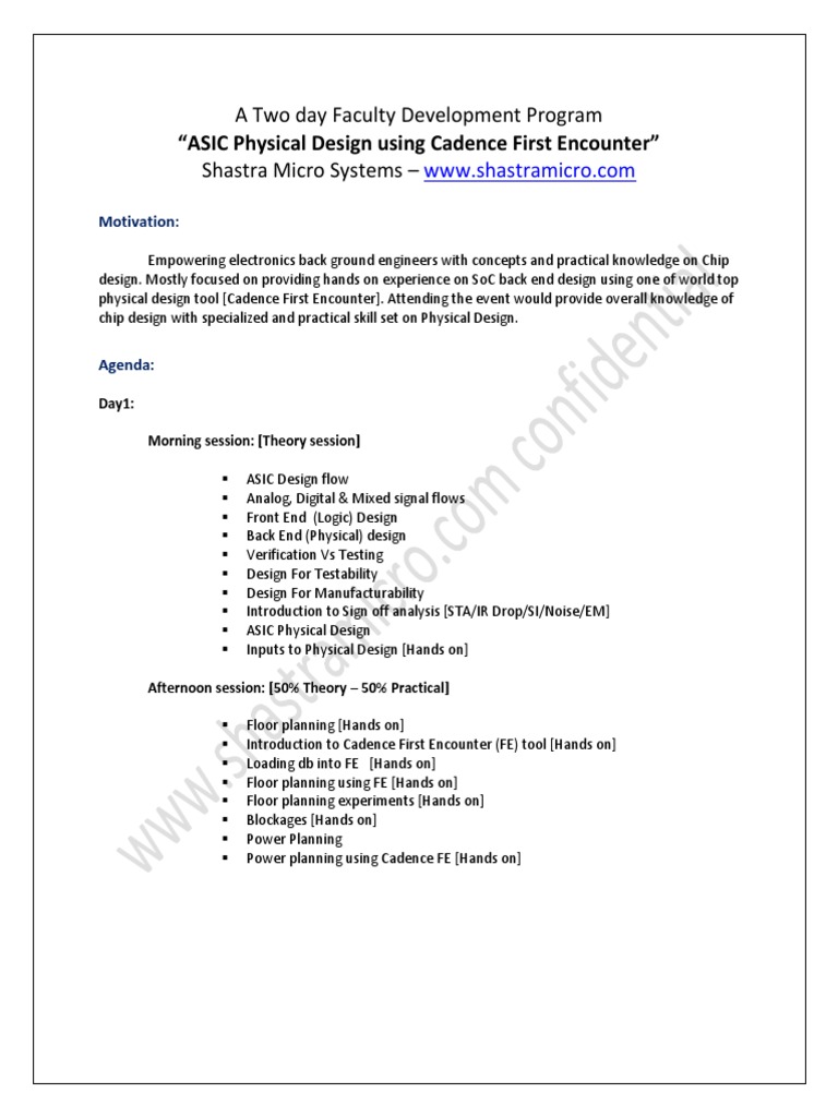 Two Day FDP On ASIC Physical Design Using Cadence First Encounter ...