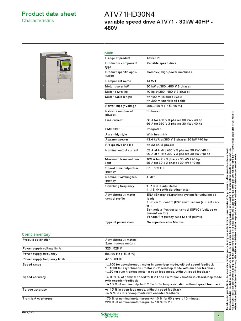 ATV71HD30N4 Schneider Electric | PDF | Electric Motor | Power Supply