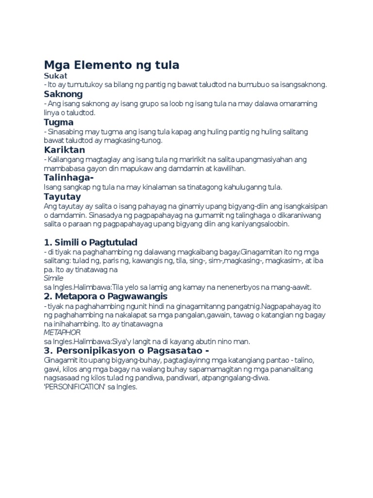 Mga Elemento NG Tula | PDF