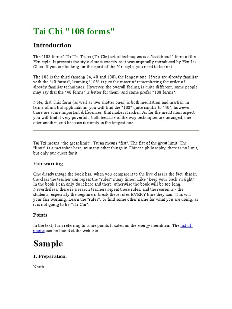 Tai Chi "108 Forms": Sample | PDF | Hand | Tai Chi